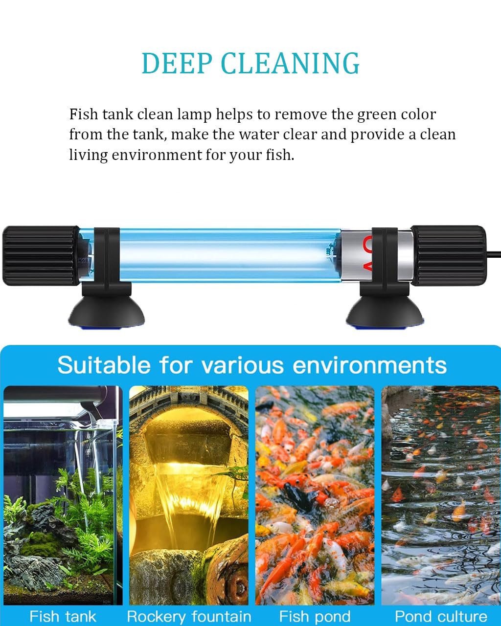 KINGYEENUO Aquarium Clean Light, 9W Submersible Aquarium Light, Fish Tank Clean Light with Timer, Submersible Waterproof Lamp for Filter Tank Sump Swim Pool