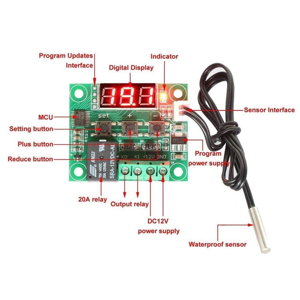 HiLetgo 2pcs W1209 12V DC Digital Temperature Controller Board Micro Digital Thermostat -50-110°C Electronic Temperature Temp Control Module Switch with 10A One-channel Relay and Waterproof