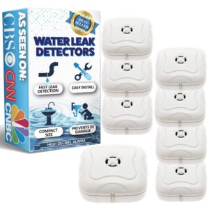 8 pack water leak detector - 95 db flood detection alarm sensor for bathrooms, basements, laundry rooms, garages, attics and kitchens by mindful design (white)