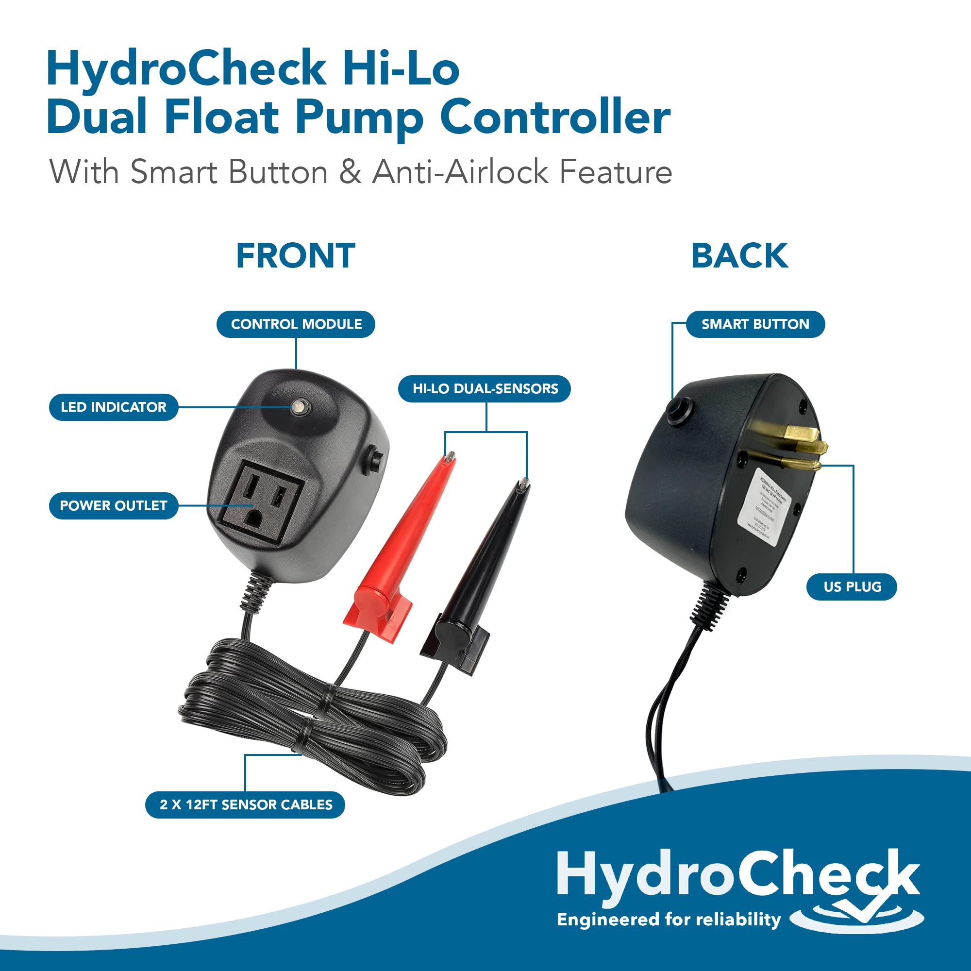 HydroCheck HC6000v2 Sump Pump Float Switch: Hi-Lo Sensors, Built-in Alarms | Versatile, No Cleaning & No Moving Parts,Prevents Flooding in Basements, Pools, and More! Proudly Made in USA