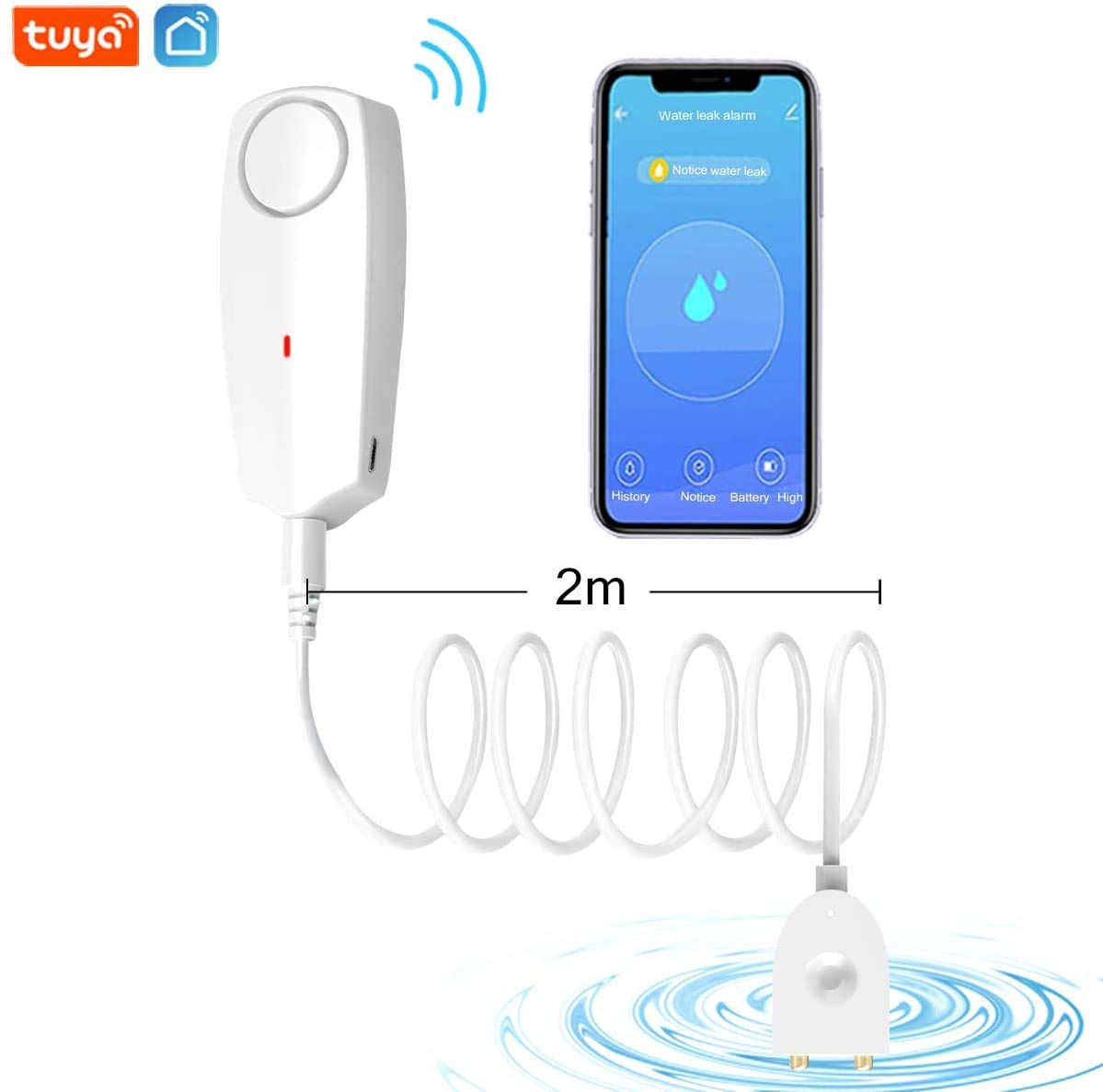 Water Alarm Sensor with 80dB Loud Sound WiFi Leak Detector, Overflow Leak Alarm, Remote Monitoring leaker for Water Heater Basement Sewage Pump, TUYA/Smart Life APP Notification