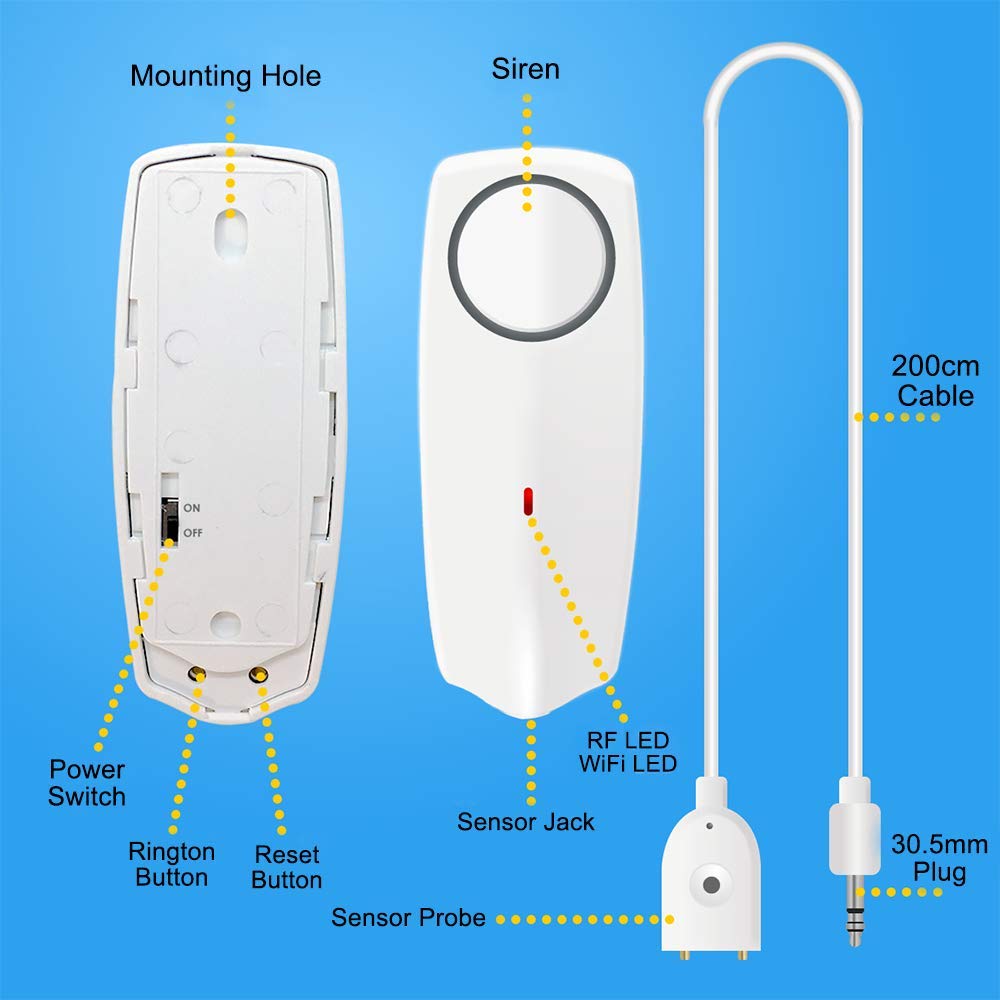 Water Alarm Sensor with 80dB Loud Sound WiFi Leak Detector, Overflow Leak Alarm, Remote Monitoring leaker for Water Heater Basement Sewage Pump, TUYA/Smart Life APP Notification