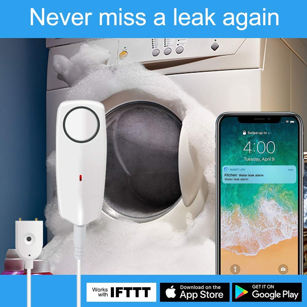 Water Alarm Sensor with 80dB Loud Sound WiFi Leak Detector, Overflow Leak Alarm, Remote Monitoring leaker for Water Heater Basement Sewage Pump, TUYA/Smart Life APP Notification