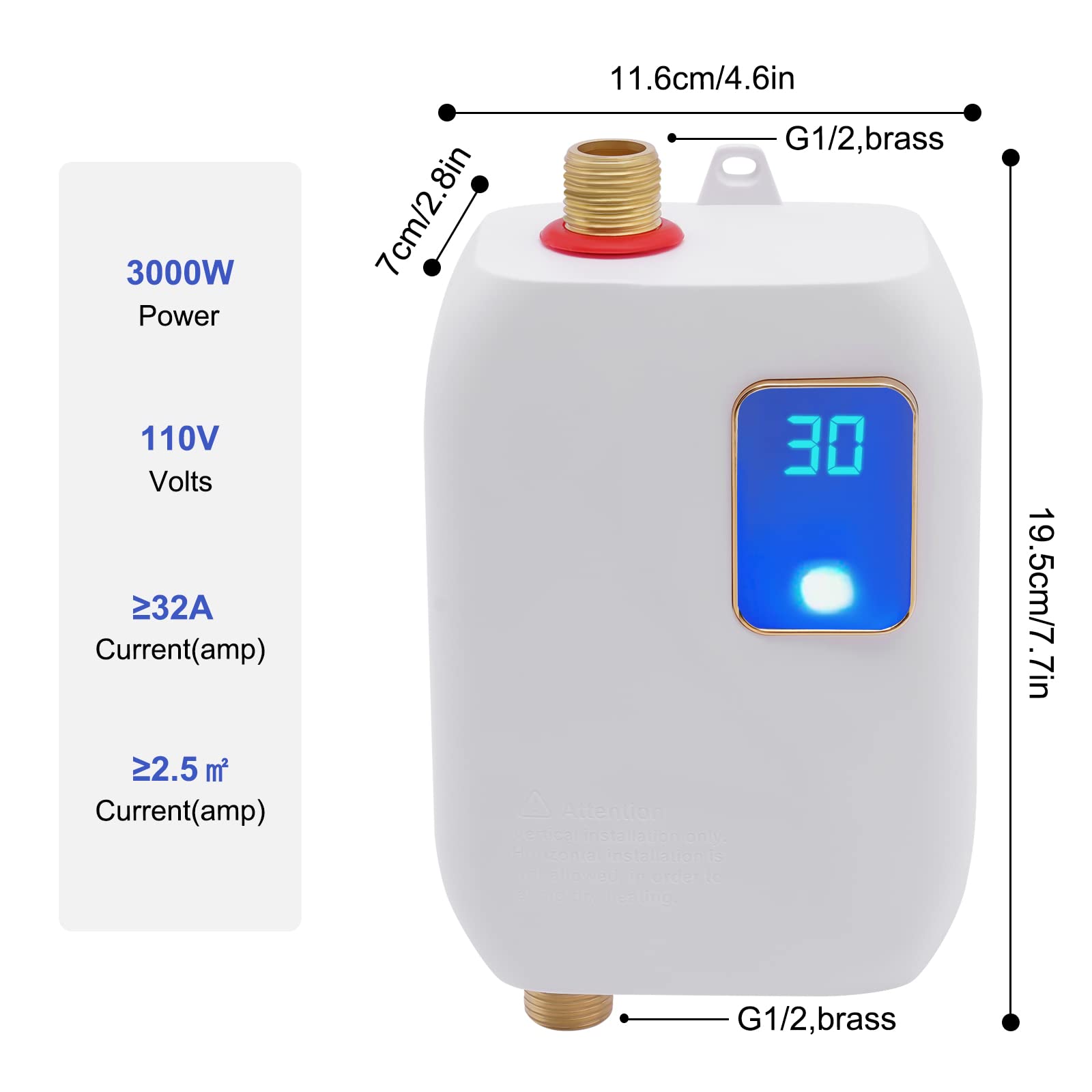 Electric Water Heater-110V Small Instant Hot Water Heater,Under Sink Plug in Tankless Water Heater on Demand with LCD Digital Display for Kitchen Sink Faucet (White)