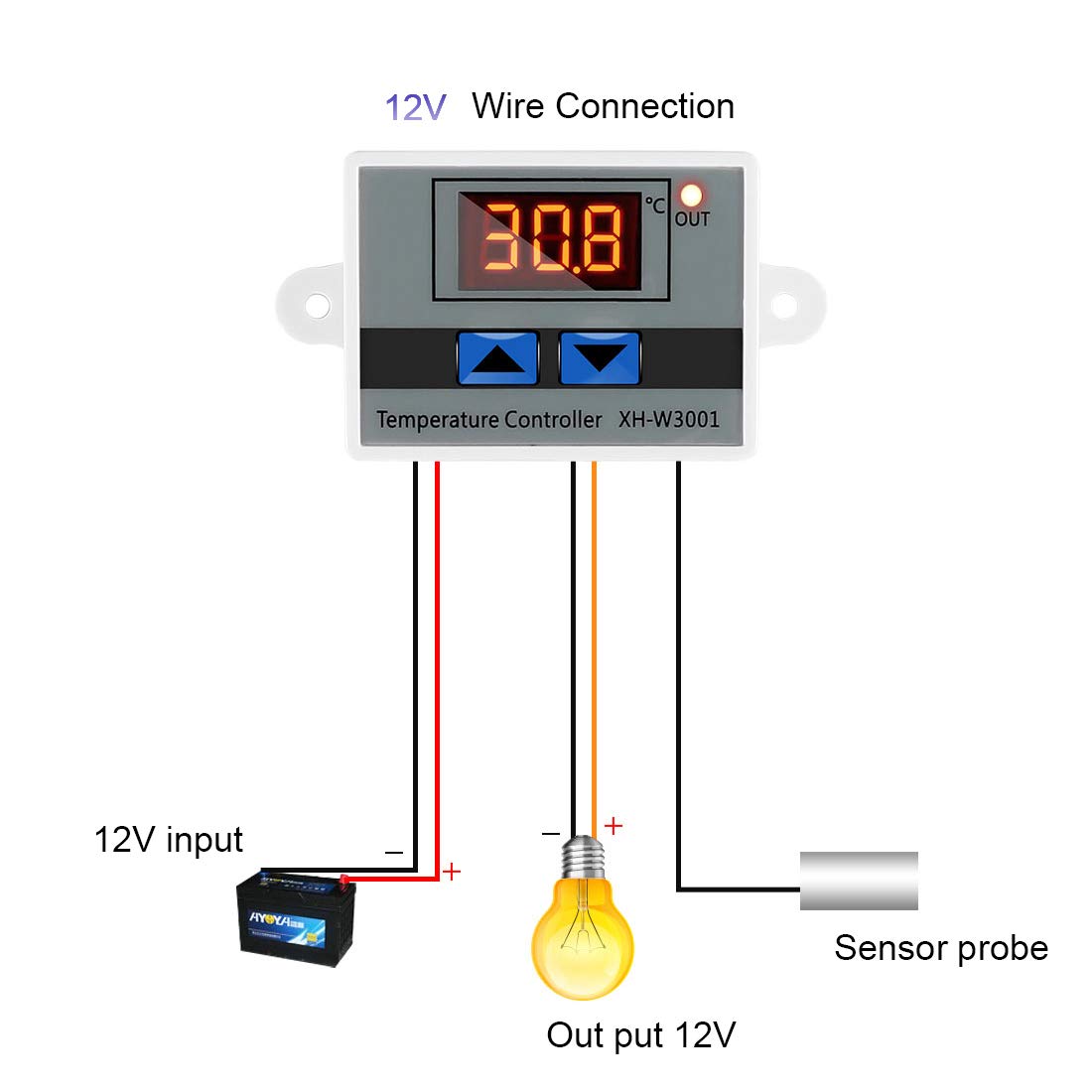 Digital LED Temperature Controller Module, XH-W3001 Thermostat Switch with Waterproof Probe, Programmable Heating Cooling Thermostat (12V 10A 120W)