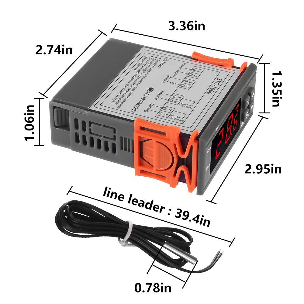 Dorhea STC-1000 Digital Temperature Controller AC 10A 110V-220V Digital LED Temperature Controller Heating Cooling Centigrade Thermostat 2 Relays Output with NTC Sensor Probe(110V/220V)