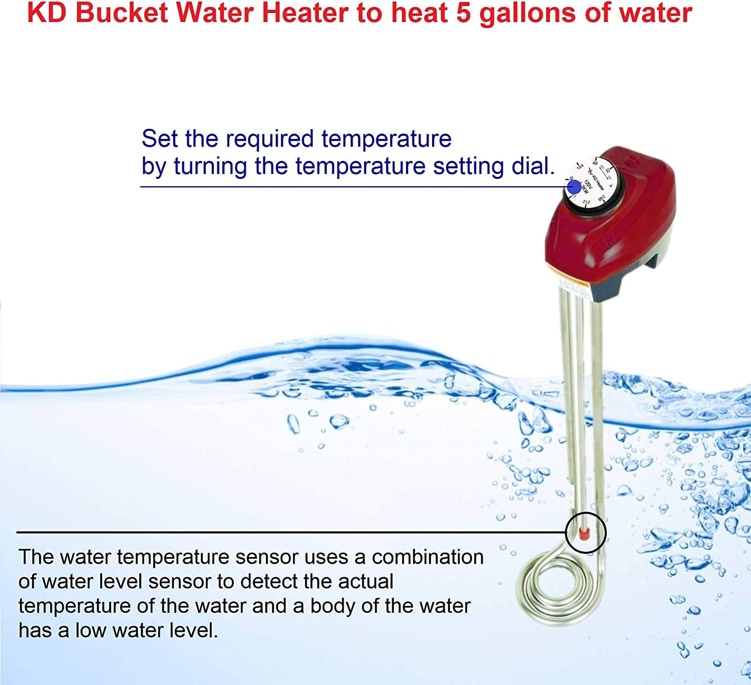 KD 1600W Immersion Bucket Water Heater, Auto Shutoff, Overheating Prevention, Auto Water Level Senor, Adjustable Thermostat, Easy-to-Use (RED / 1600 WATT)