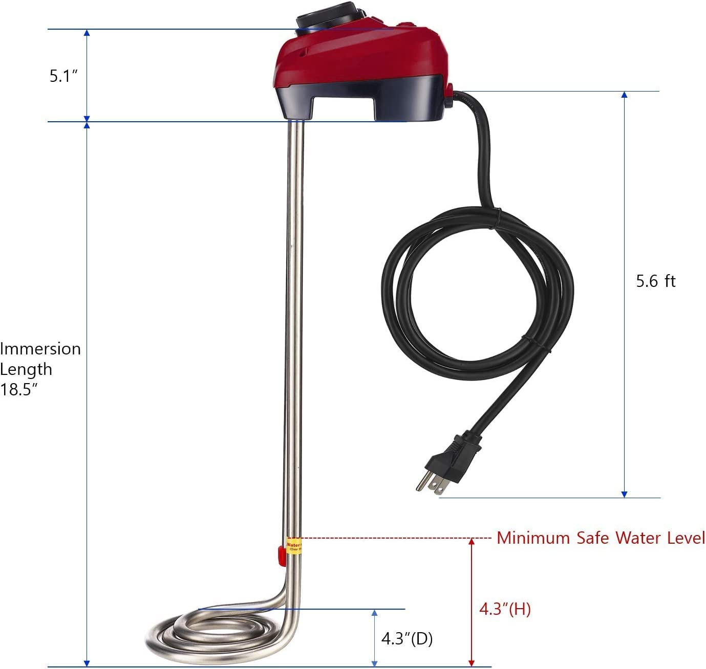 KD 1600W Immersion Bucket Water Heater, Auto Shutoff, Overheating Prevention, Auto Water Level Senor, Adjustable Thermostat, Easy-to-Use (RED / 1600 WATT)