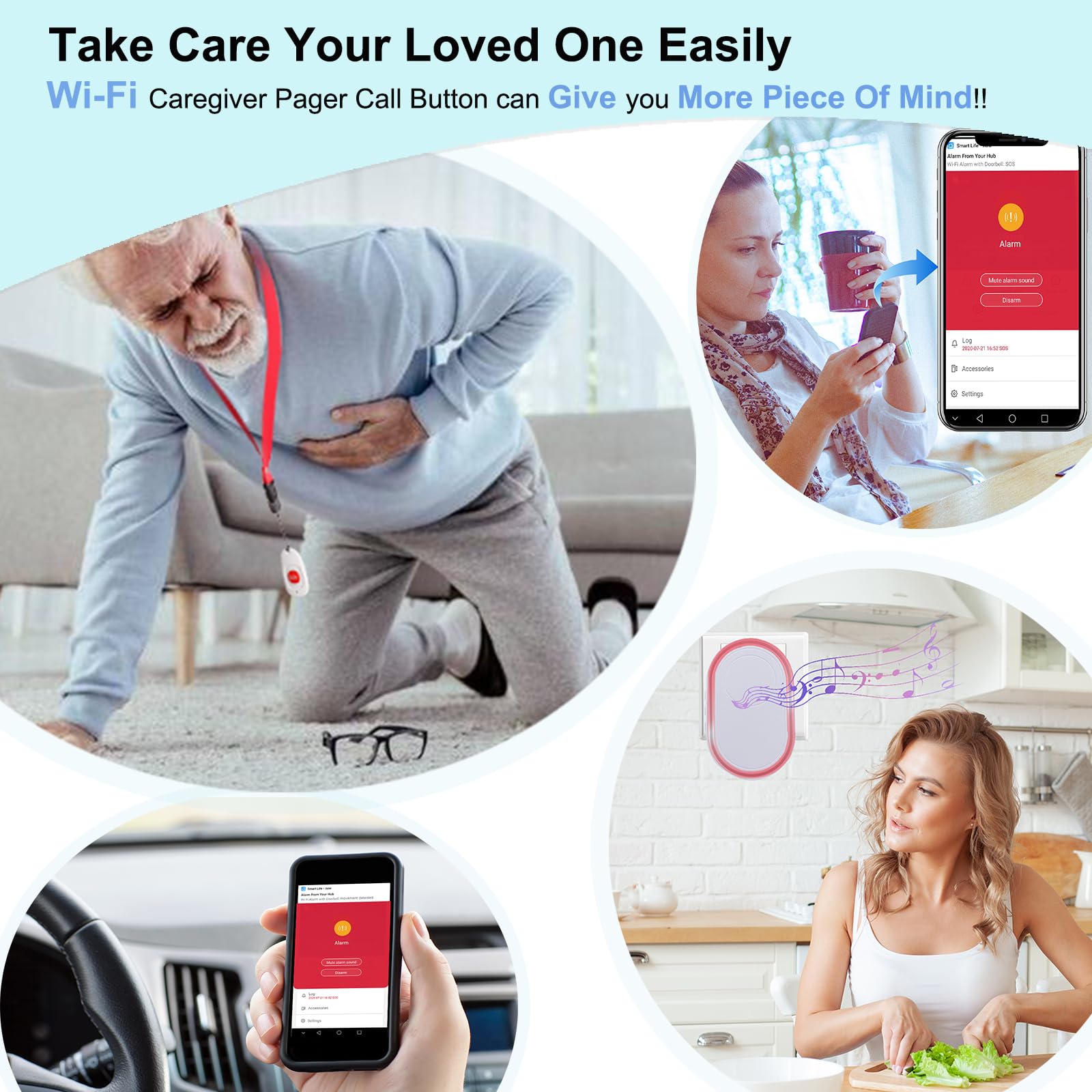 Topvico WiFi Emergency Button for Elderly, Senior Fall Alert Devices, SOS Life Alarm Bracelet Wireless Caregiver Pager, Tuya Smart APP Notification, Remote Call System for Home, 5 Levels Volume