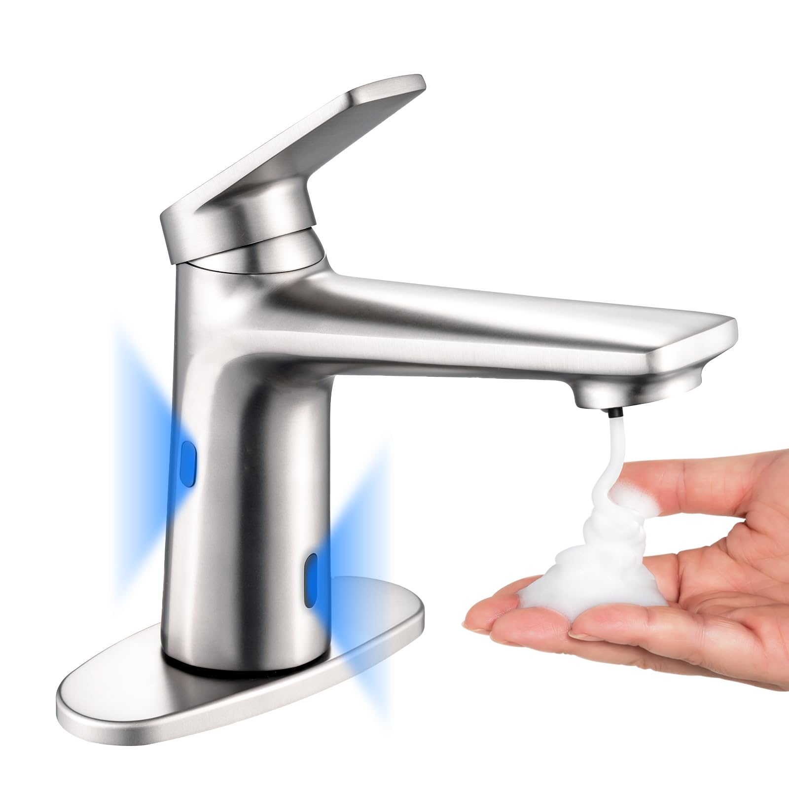 GOESMO Bathroom Faucet with Built-in Soap Dispenser, Single-Handle Adjustable Hot & Cold Water Temperature, Short & Long Sensor Modes, Touchless Automatic Basin Sensor Faucet Sink 1 or 3 Hole 29101/BN