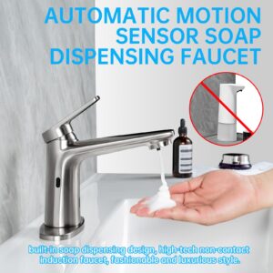 GOESMO Bathroom Faucet with Built-in Soap Dispenser, Single-Handle Adjustable Hot & Cold Water Temperature, Short & Long Sensor Modes, Touchless Automatic Basin Sensor Faucet Sink 1 or 3 Hole 29101/BN