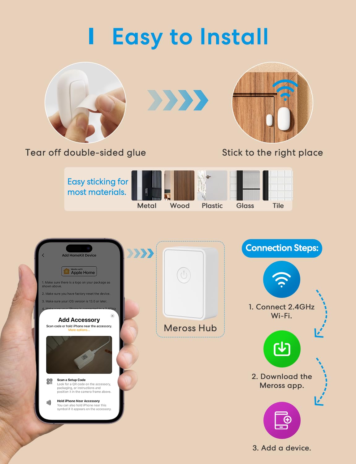 meross Smart WiFi Door & Window Sensor Kit, Support Apple HomeKit, Alexa, Google, SmartThings for Burglar Alert, 328ft Range, Home Automation, Security & Kid Safety, 2.4GHz WiFi, Meross Hub Included