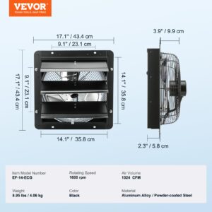 VEVOR 14'' Exhaust Fan with Temperature Humidity Controller, 1513 CFM, 10-Speed Adjustable Wall Mount Attic Fan, Ventilation and Cooling for Greenhouses, Garages, Sheds, ETL Listed