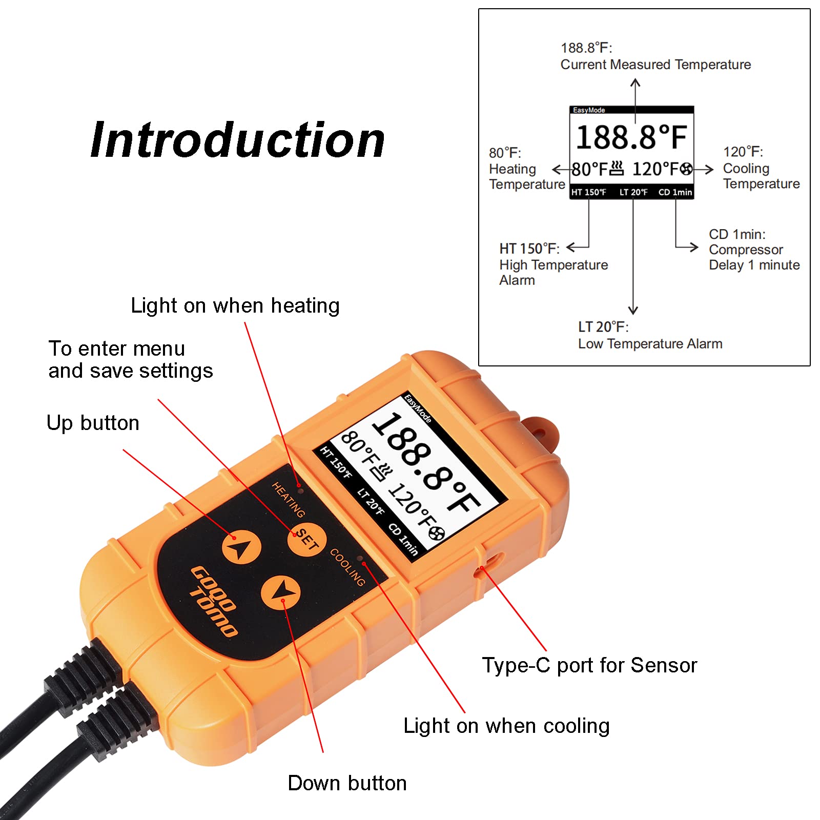 GOQOTOMO Smart Temperature Controller Thermostat Heating and Cooling Mode for Homebrew Fermenter Greenhouse Terrarium 100-240VAC NTC Sensor Improved Version