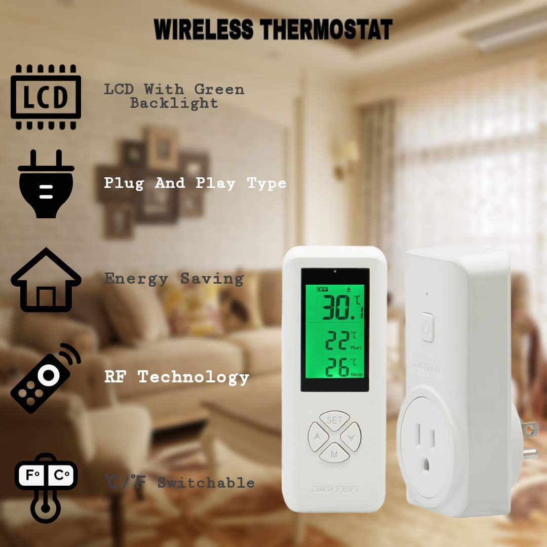 DIGITEN Temperature Controller WTC100 Wireless Thermostat Outlet Temperature Controlled Outlet Programmable Thermostat Controller Wireless Thermostat with Remote Sensor Greenhouse Thermostat