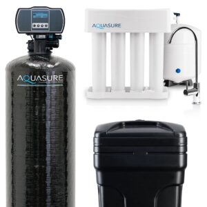 aquasure 64,000 grains whole house water filter bundle with automatic digital metered control softener and 75 gpd ro reverse osmosis drinking system | removes hardness | ideal for 4-6+ bathrooms