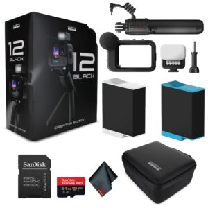 go pro hero12 black creator edition - includes volta (battery grip, tripod, remote), media mod, light mod, enduro battery - waterproof action camera + 64gb extreme pro card and extra battery