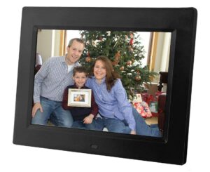 8 inch digital photo frame & multimedia player - display videos & photos & set music to play. includes 4gb internal storage, sd card & usb connections, & a variety of transition effects