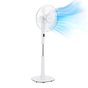 amazon basics 16-inch 12-speed pedestal floor fan, standing fan for home, with oscillating dual blades, remote control, ultra quiet and energy-efficient dc motor, timer, tilted head, white