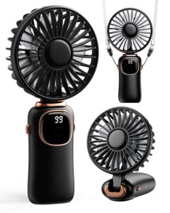 coldsky portable handheld fan, 4000mah battery operated 3 in 1 multifunction personal travel fan with digital display, 90° foldable desk fan with base, 5 speed lash fan for makeup/office (black)