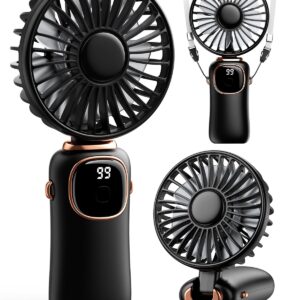 coldSky Portable Handheld Fan, 4000mAh Battery Operated 3 in 1 Multifunction Personal Travel Fan with Digital Display, 90° Foldable Desk Fan with Base, 5 Speed Lash Fan for Makeup/Office (Black)