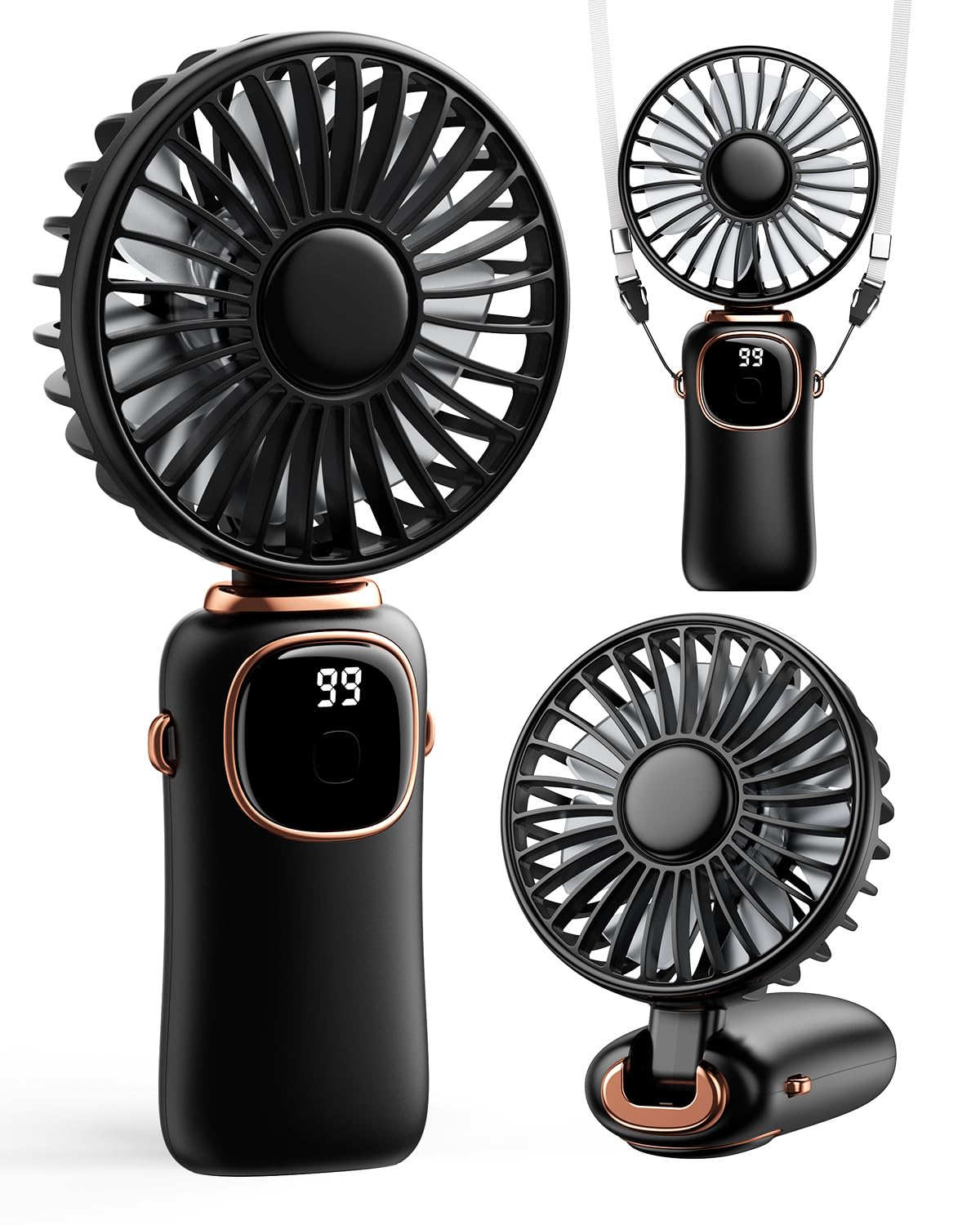 coldSky Portable Handheld Fan, 4000mAh Battery Operated 3 in 1 Multifunction Personal Travel Fan with Digital Display, 90° Foldable Desk Fan with Base, 5 Speed Lash Fan for Makeup/Office (Black)