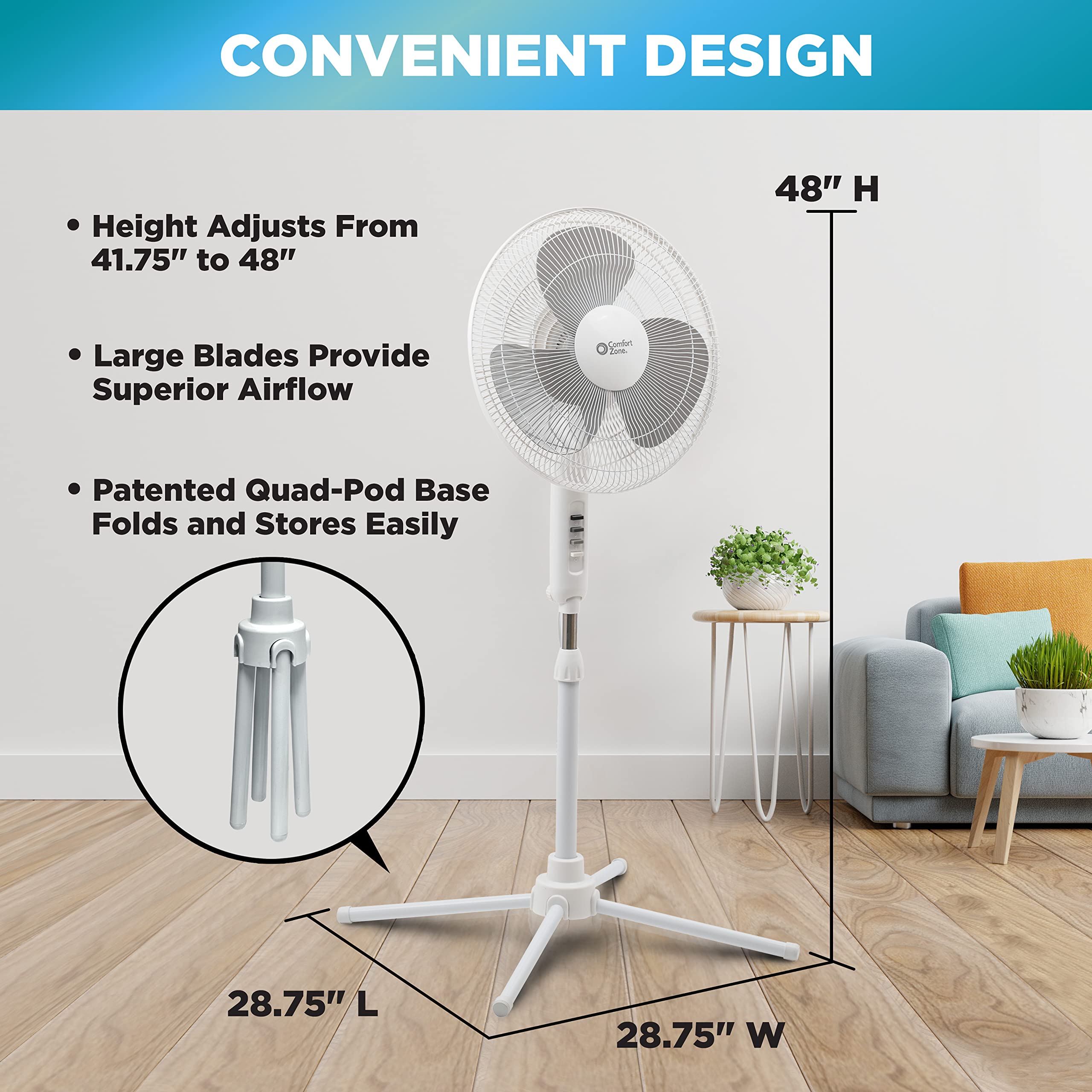 Comfort Zone Electric Oscillating Pedestal Fan, Stand Fan, 16 inch, 3 Speed, 90 Degree Oscillating Head, Adjustable Height and Tilt, Airflow 7.48 ft/sec, Ideal for Home, Bedroom & Office, CZST161BTE