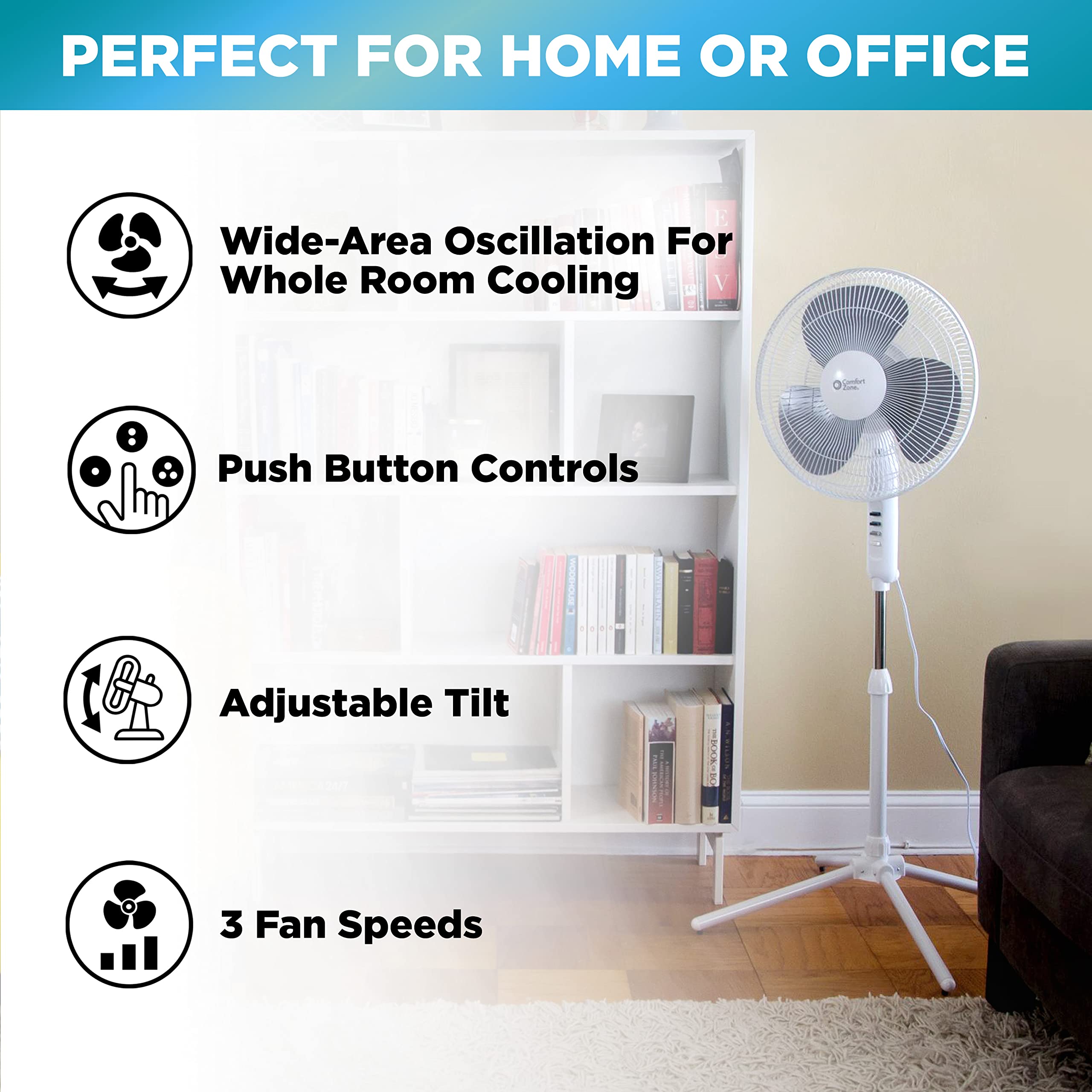 Comfort Zone Electric Oscillating Pedestal Fan, Stand Fan, 16 inch, 3 Speed, 90 Degree Oscillating Head, Adjustable Height and Tilt, Airflow 7.48 ft/sec, Ideal for Home, Bedroom & Office, CZST161BTE