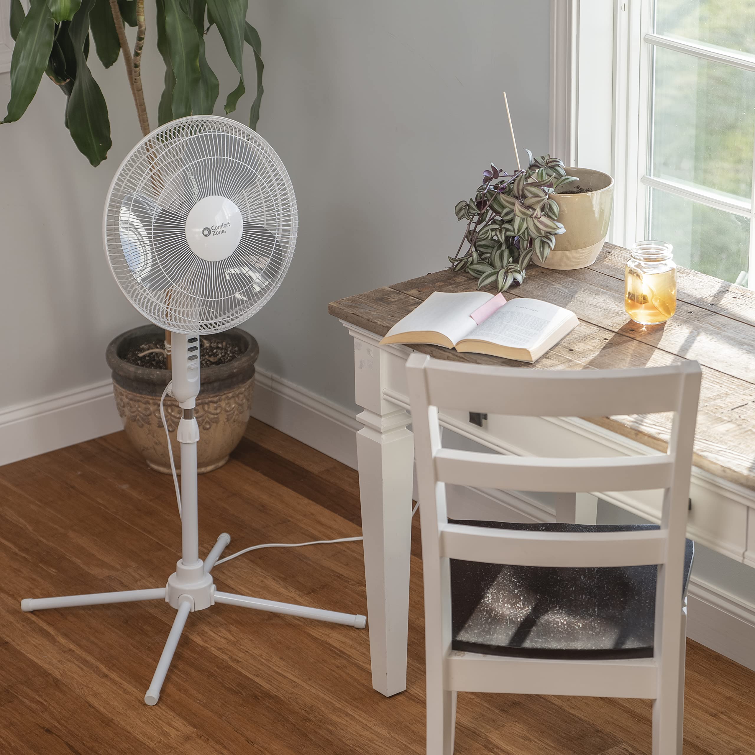 Comfort Zone Electric Oscillating Pedestal Fan, Stand Fan, 16 inch, 3 Speed, 90 Degree Oscillating Head, Adjustable Height and Tilt, Airflow 7.48 ft/sec, Ideal for Home, Bedroom & Office, CZST161BTE