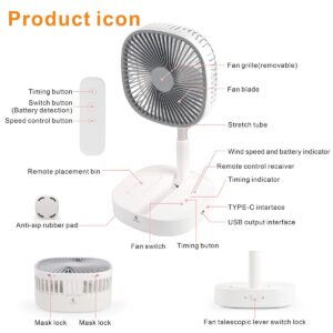 Portable Pedestal Fan - Foldaway Standing Fan Foldable Desk Fan, Use 7200Mah Rechargeable Battery, Remote Control Telescopic 4 Speed Quiet Timer Fan for Home Kitchen Outdoor Camping (Gray)