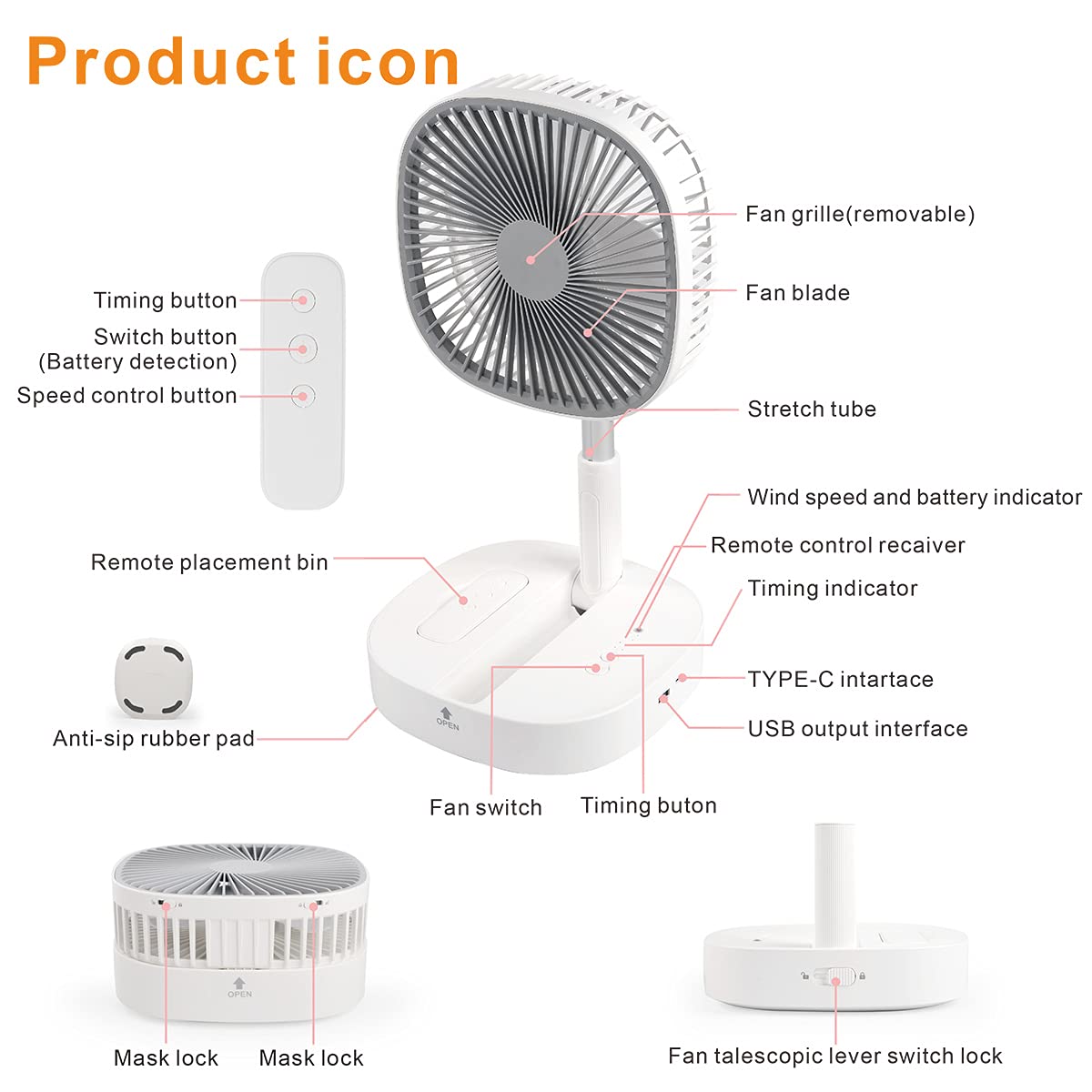 Portable Pedestal Fan - Foldaway Standing Fan Foldable Desk Fan, Use 7200Mah Rechargeable Battery, Remote Control Telescopic 4 Speed Quiet Timer Fan for Home Kitchen Outdoor Camping (Gray)