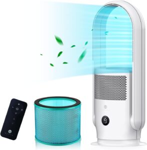 ultty bladeless tower fan with air purifier, 90° oscillating tower fan with hepa filter, remote control, touch, 8h timer, 9 speeds, powerful floor fan for bedroom room home office, cr021, white