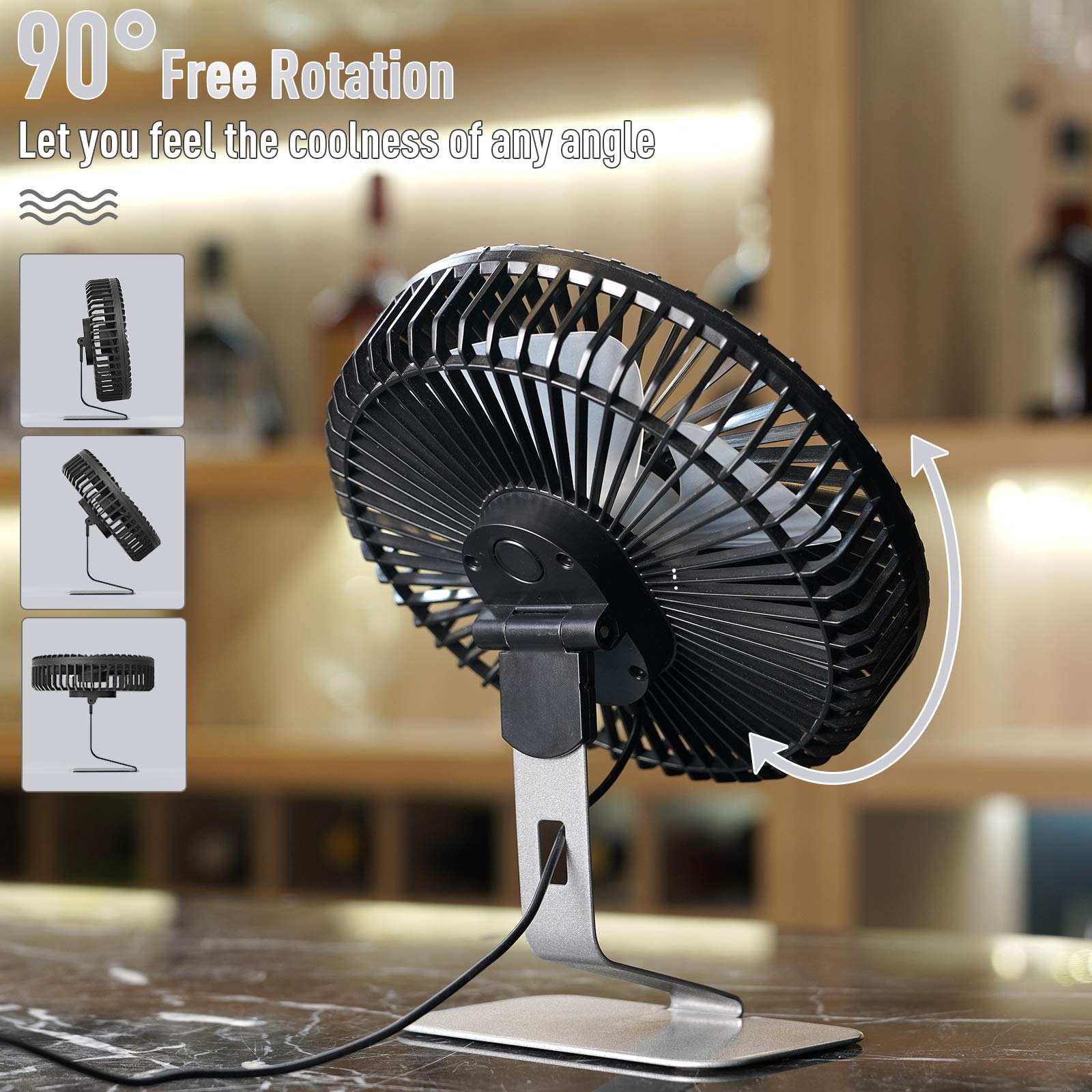 SLENPET 6 inch USB Desk Fan, Adjustable Tilt, 4 Speeds, Ultra-quiet, 90Rotation, Portable, Metal Base, Silver