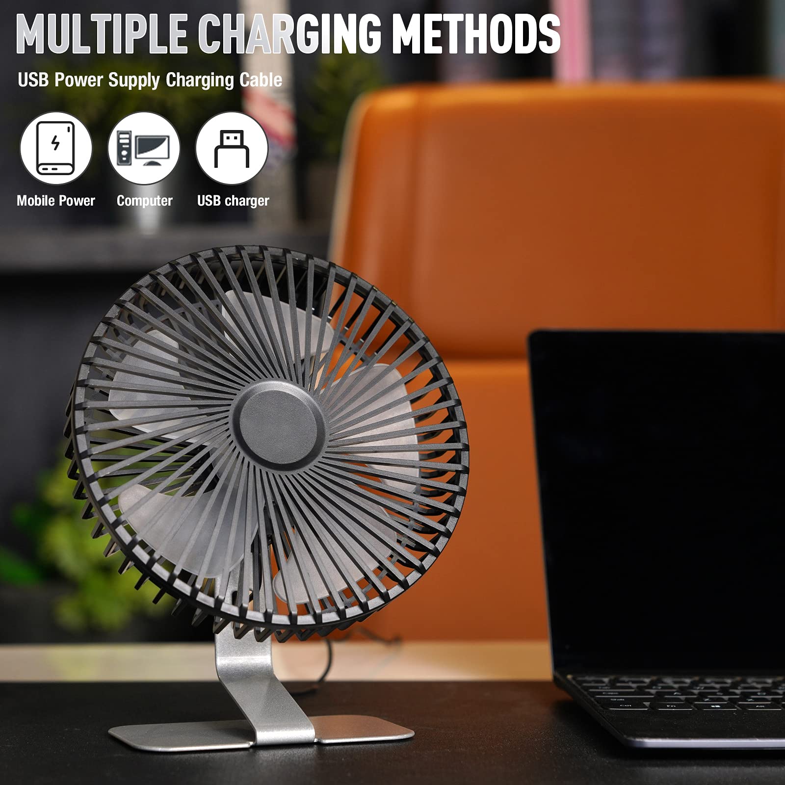 SLENPET 6 inch USB Desk Fan, Adjustable Tilt, 4 Speeds, Ultra-quiet, 90Rotation, Portable, Metal Base, Silver