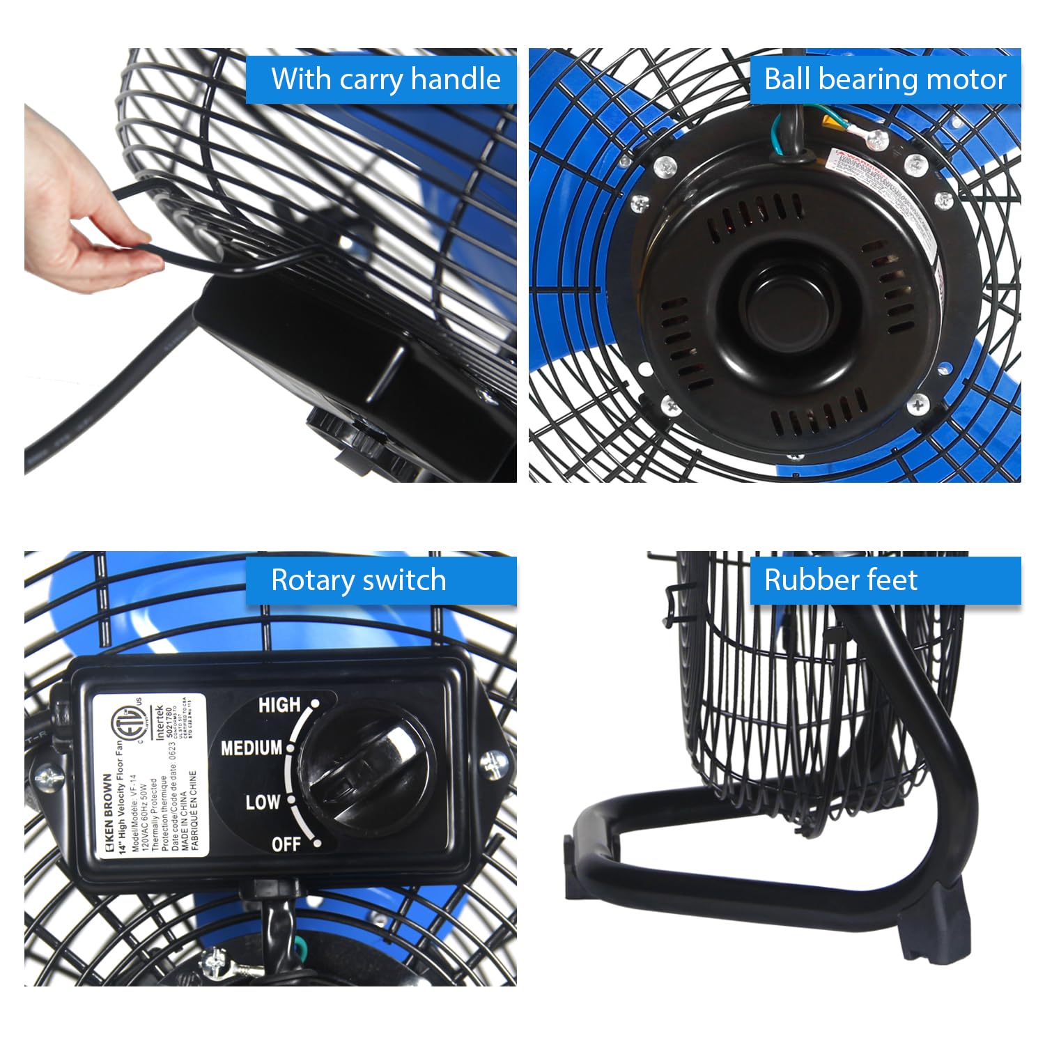 KEN BROWN 14 Inch High Velocity Floor Fan 3-Speed 360° Adjustable Tilting Powerful Airflow for Home,Residential Use, Blue