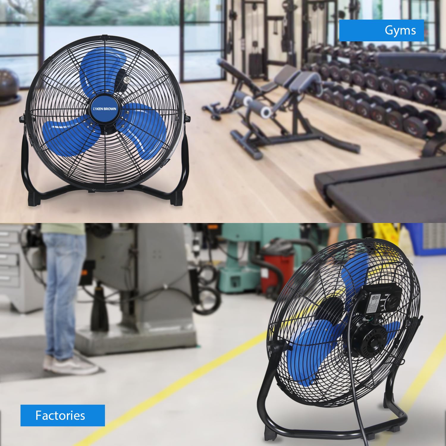 KEN BROWN 14 Inch High Velocity Floor Fan 3-Speed 360° Adjustable Tilting Powerful Airflow for Home,Residential Use, Blue