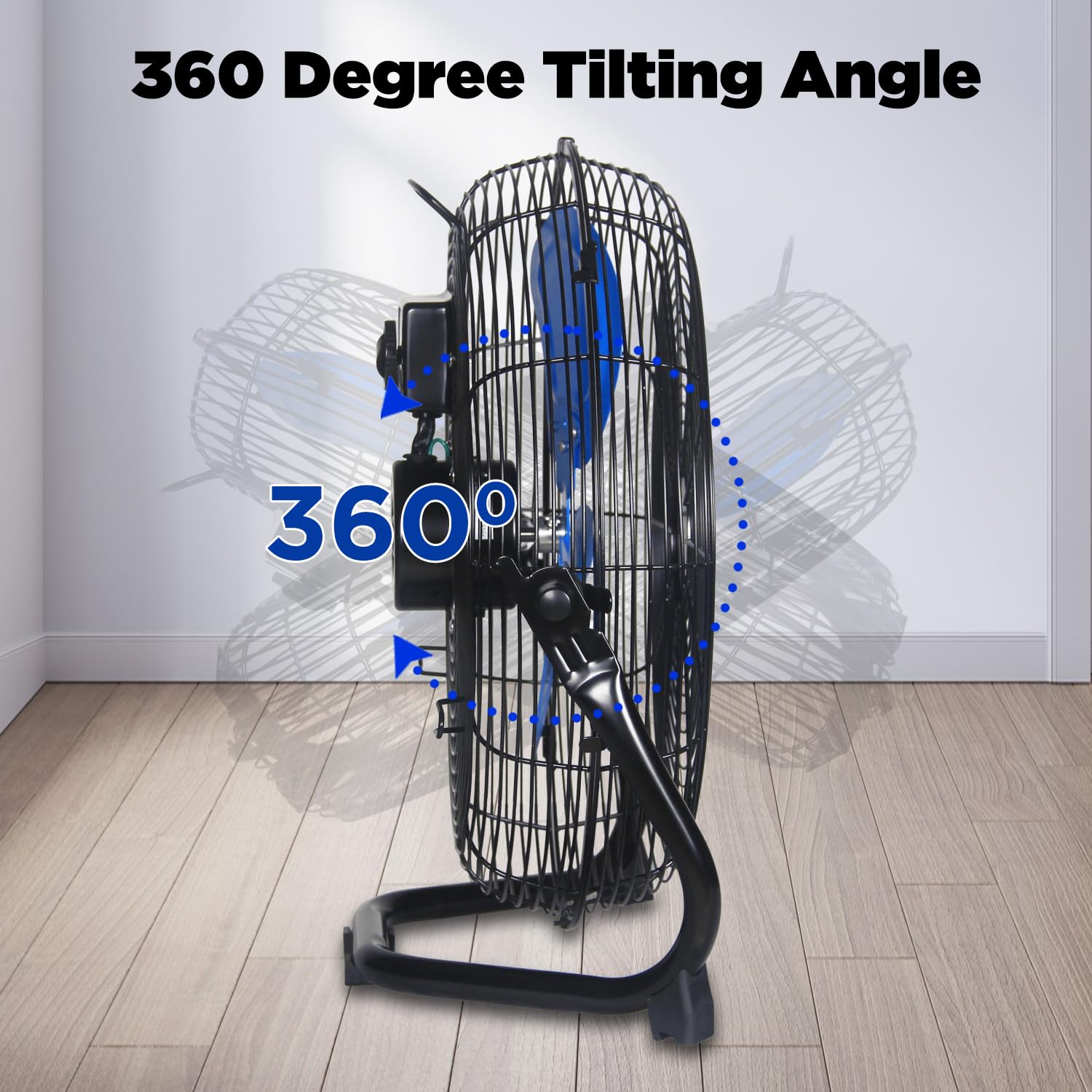 KEN BROWN 14 Inch High Velocity Floor Fan 3-Speed 360° Adjustable Tilting Powerful Airflow for Home,Residential Use, Blue