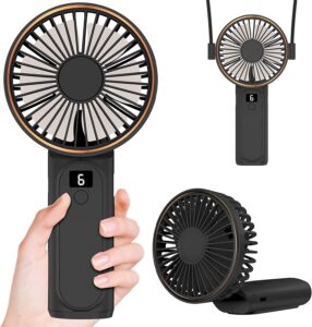 handheld fan, portable fan, 4000mah rechargeable personal fan, 180° foldable mini desk fan with 6 wind speed, lcd digital display, lanyard as neck fan, ultra quiet, pocket size for indoor outdoor