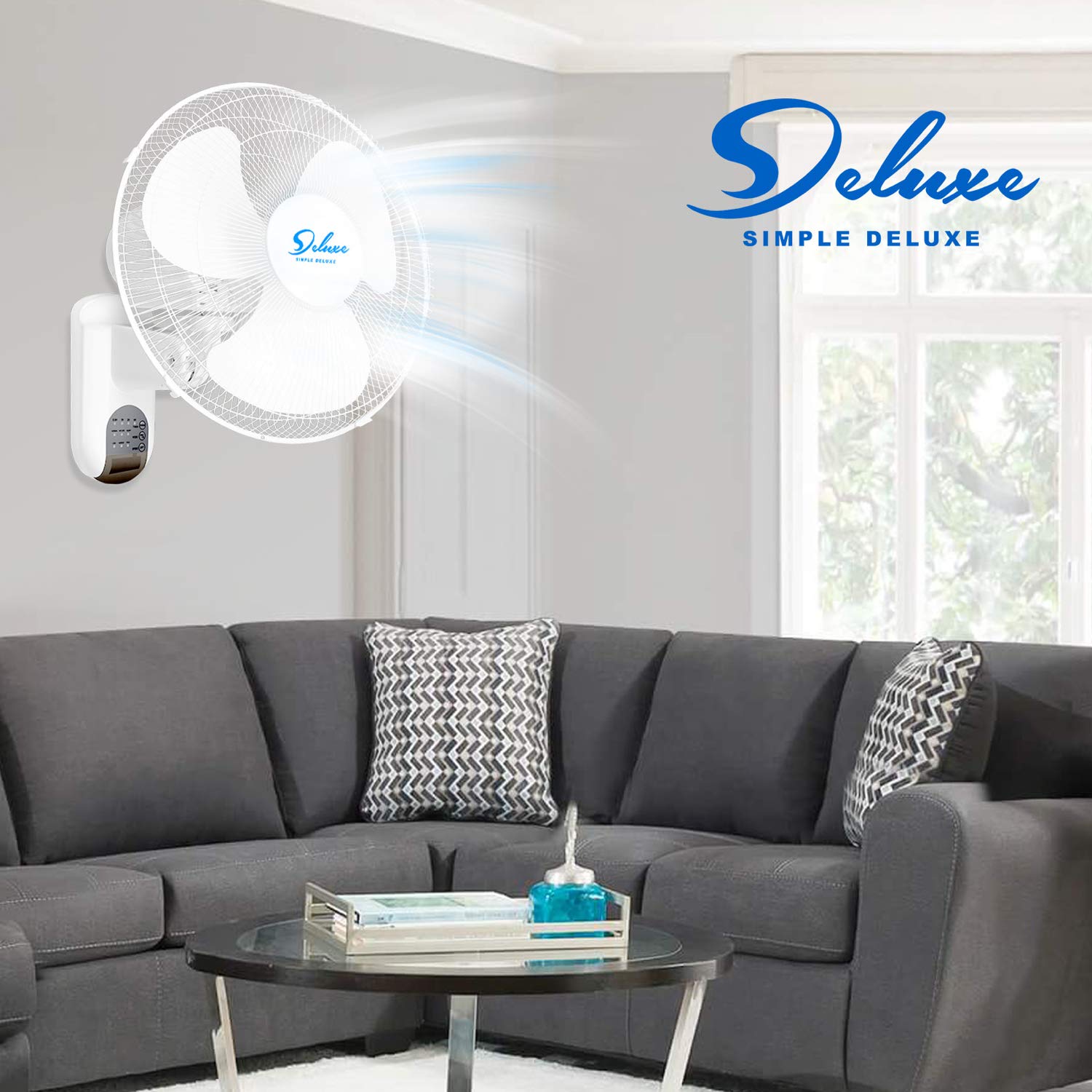 Simple Deluxe 16 Inch Wall Mount Fan with Remote Control, 3 Oscillating Modes, 3 Speed, Timer