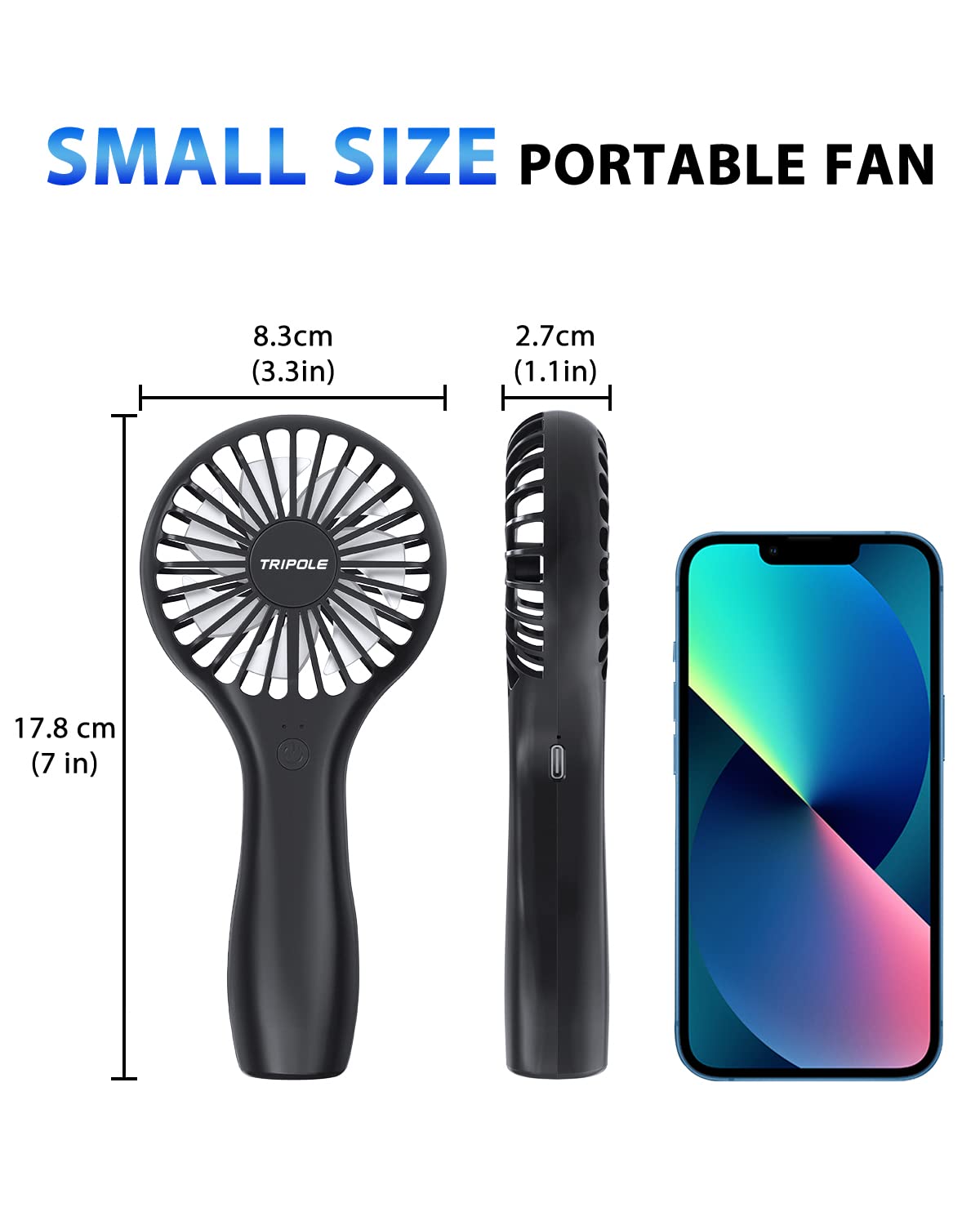 TriPole Mini Handheld Fan 5000mAh Battery Operated Small Fan 2 Speeds Powerful Personal Portable Fan Cute Design USB Rechargeable Electric Fan for Eyelash Makeup Kids Women Men Outdoor Travel, Black