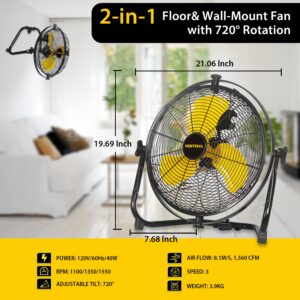 VENTISOL 14 Inch High Velocity Orbital Floor Fan or Wall Mounted Fan with 720° Adjustable Tilting, 1,560 CFM, 3-Speed Oscillating Fan for Commercial, Residential Gym, Garage, Workshop,Home Use