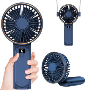 handheld fan, portable fan, 4000mah rechargeable personal fan, 180° foldable mini desk fan with 6 wind speed, lcd digital display, lanyard as neck fan, ultra quiet, pocket size for indoor outdoor