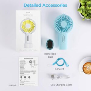 IPOW Mini Handheld Fan Personal Portable Fan 3 Speed Adjustable Angle Removable Base Lanyard USB Recharging Battery Operated Small Desk Cooling Face Fan for Home Camping Disney Travel Mint Blue