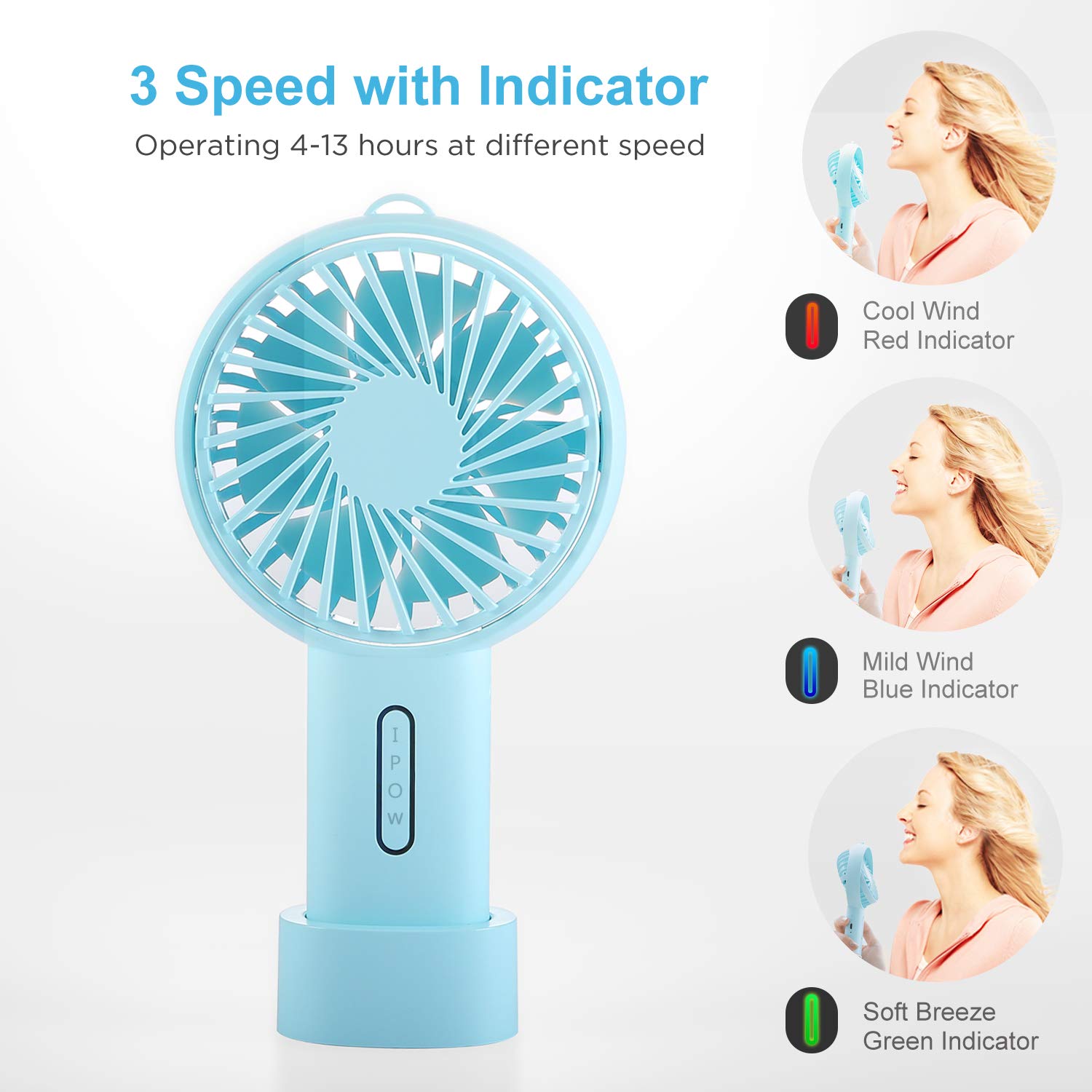 IPOW Mini Handheld Fan Personal Portable Fan 3 Speed Adjustable Angle Removable Base Lanyard USB Recharging Battery Operated Small Desk Cooling Face Fan for Home Camping Disney Travel Mint Blue