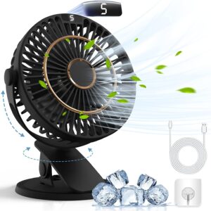 JUMGREEN 5 Speeds Clip on Fan Rechargeable - Mini USB Portable Desk Fan with Clip, LED Display Powerful Silent Table Fan, 720°Flexible Rotation for Bed, Home, Stroller, Sport, Camping (Black)