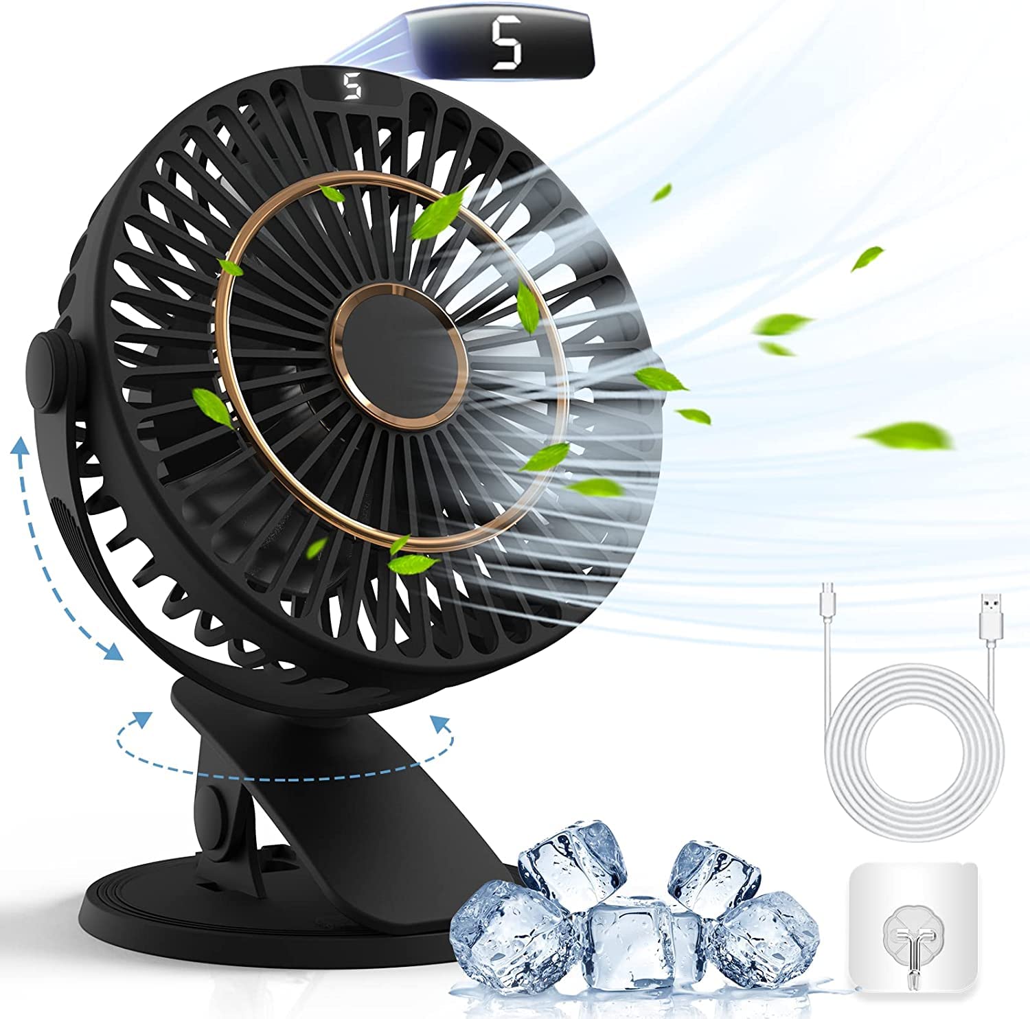 JUMGREEN 5 Speeds Clip on Fan Rechargeable - Mini USB Portable Desk Fan with Clip, LED Display Powerful Silent Table Fan, 720°Flexible Rotation for Bed, Home, Stroller, Sport, Camping (Black)