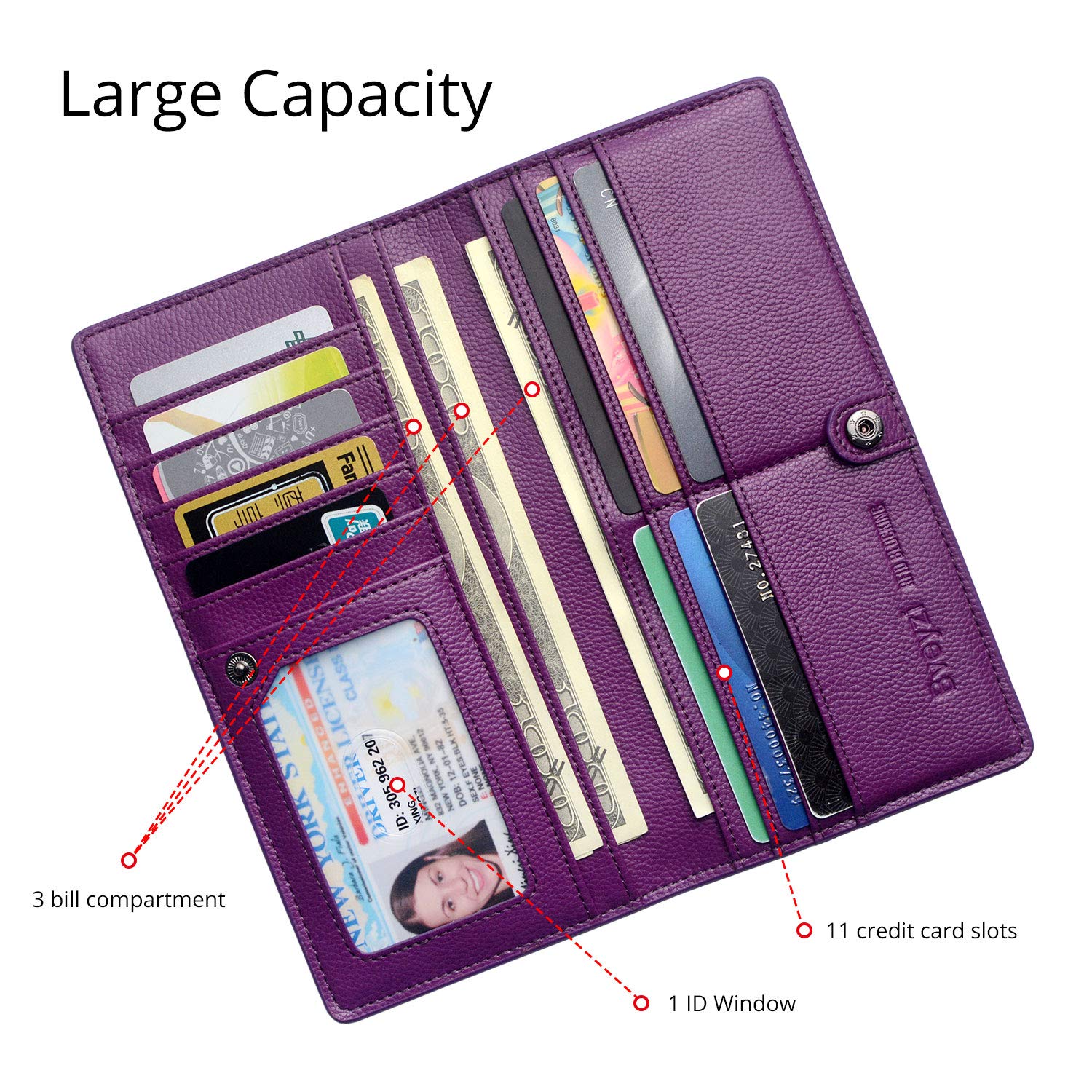 Bveyzi Ultra Slim Thin Leather RFID Blocking Credit Card Holder Bifold Clutch Wallets for Women (Purple)