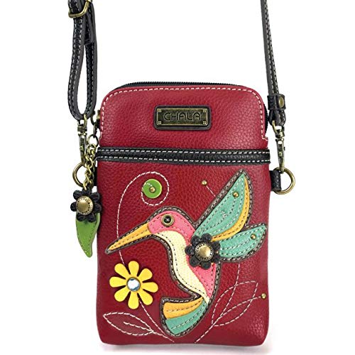 CHALA Cell Phone Crossbody Purse-Women PU Leather/Canvas Multicolor Handbag with Adjustable Strap - Hummingbird - burgundy