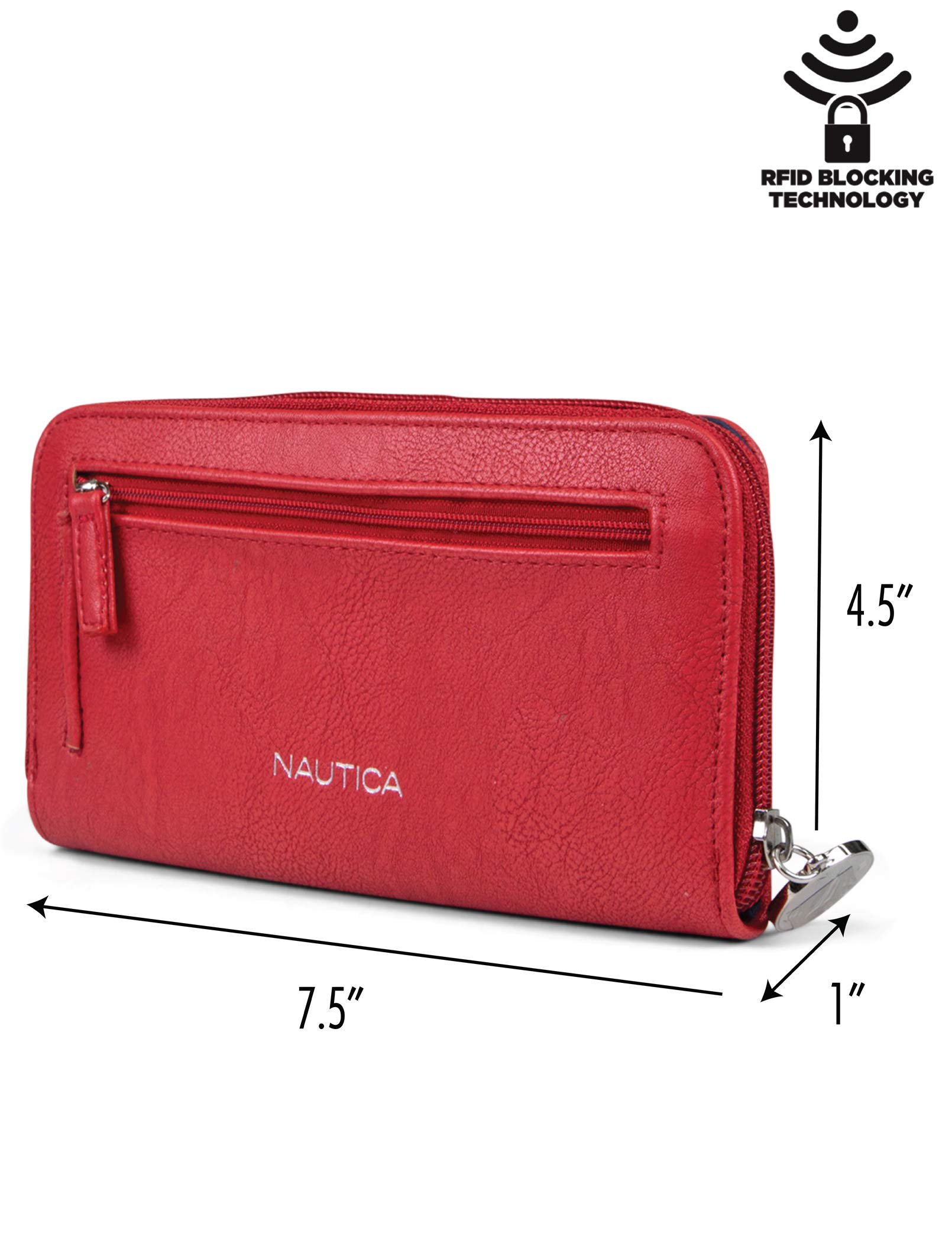 Nautica Be Shore Womens Wallet RFID Blocking Zip Around Clutch (Fuego Red)