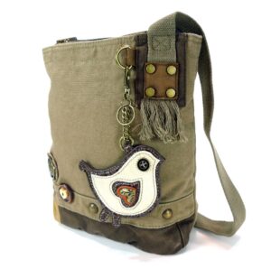 canvas patchwork cross-body messenger bag with faux leather animal coin purse (white chichik bird - olive)